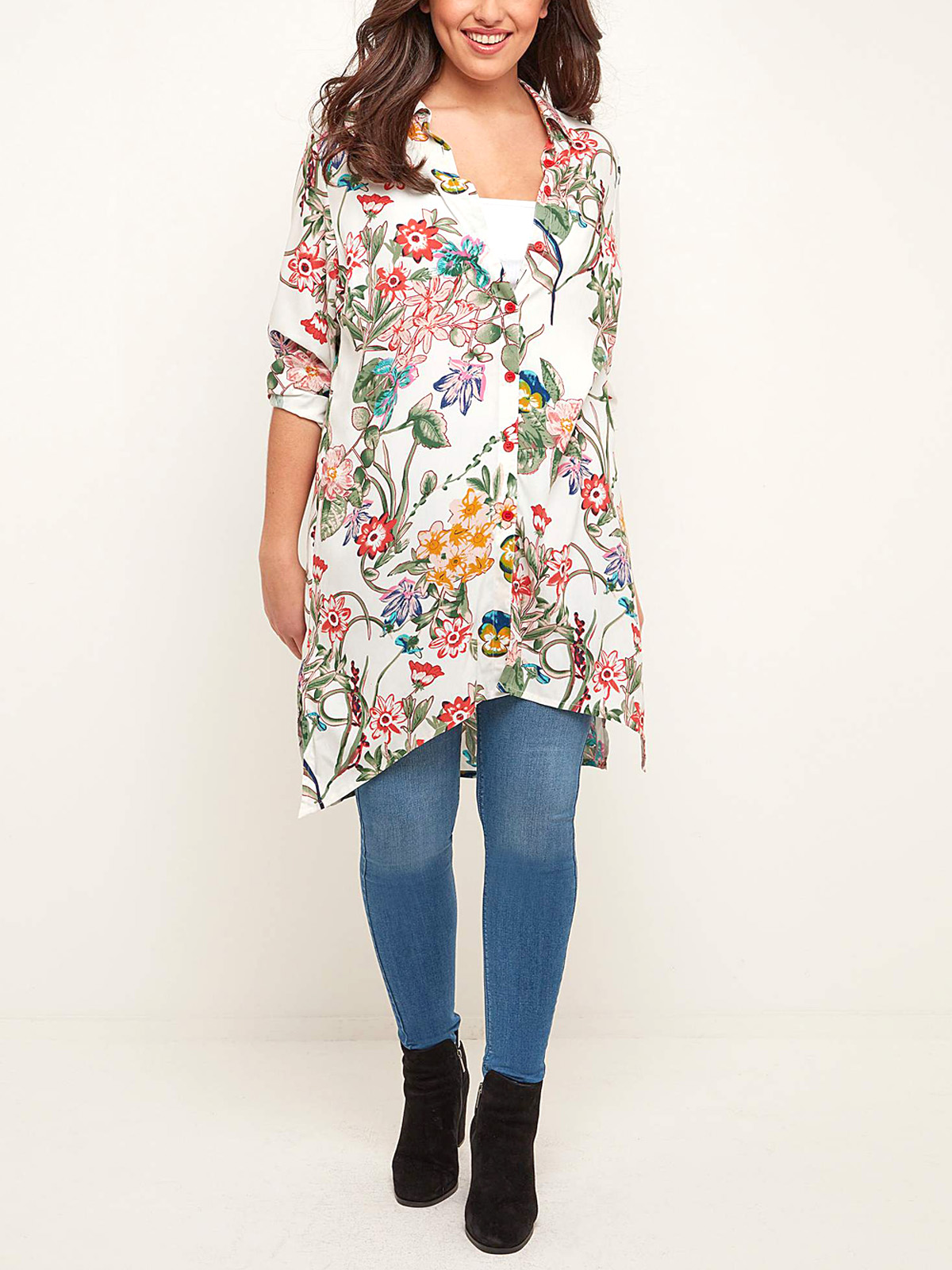 Joe Browns - - WHITE Floral Print Longline Blouse - Plus Size 16