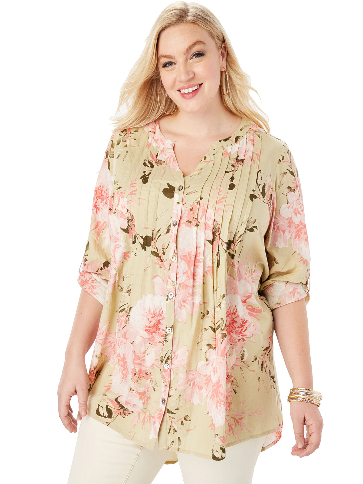 Woman Within - - GREEN Floral Pintuck English Floral Tunic - Plus Size ...