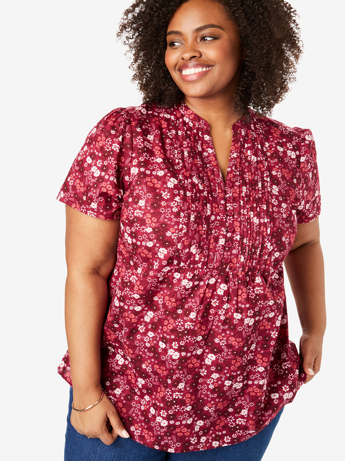 Woman Within - - Woman Within RED Pintucked Half-Button Tunic - Plus ...