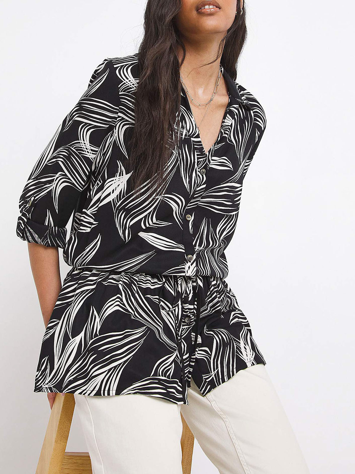 JD Williams - - BLACK Printed 3/4 Sleeve Twill Drawstring Shirt - Plus ...