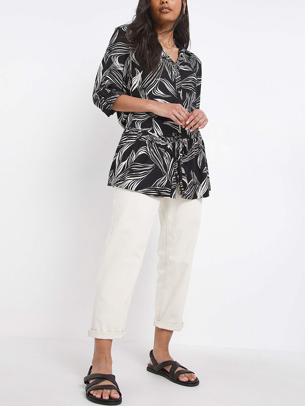 JD Williams - - BLACK Printed 3/4 Sleeve Twill Drawstring Shirt - Plus ...