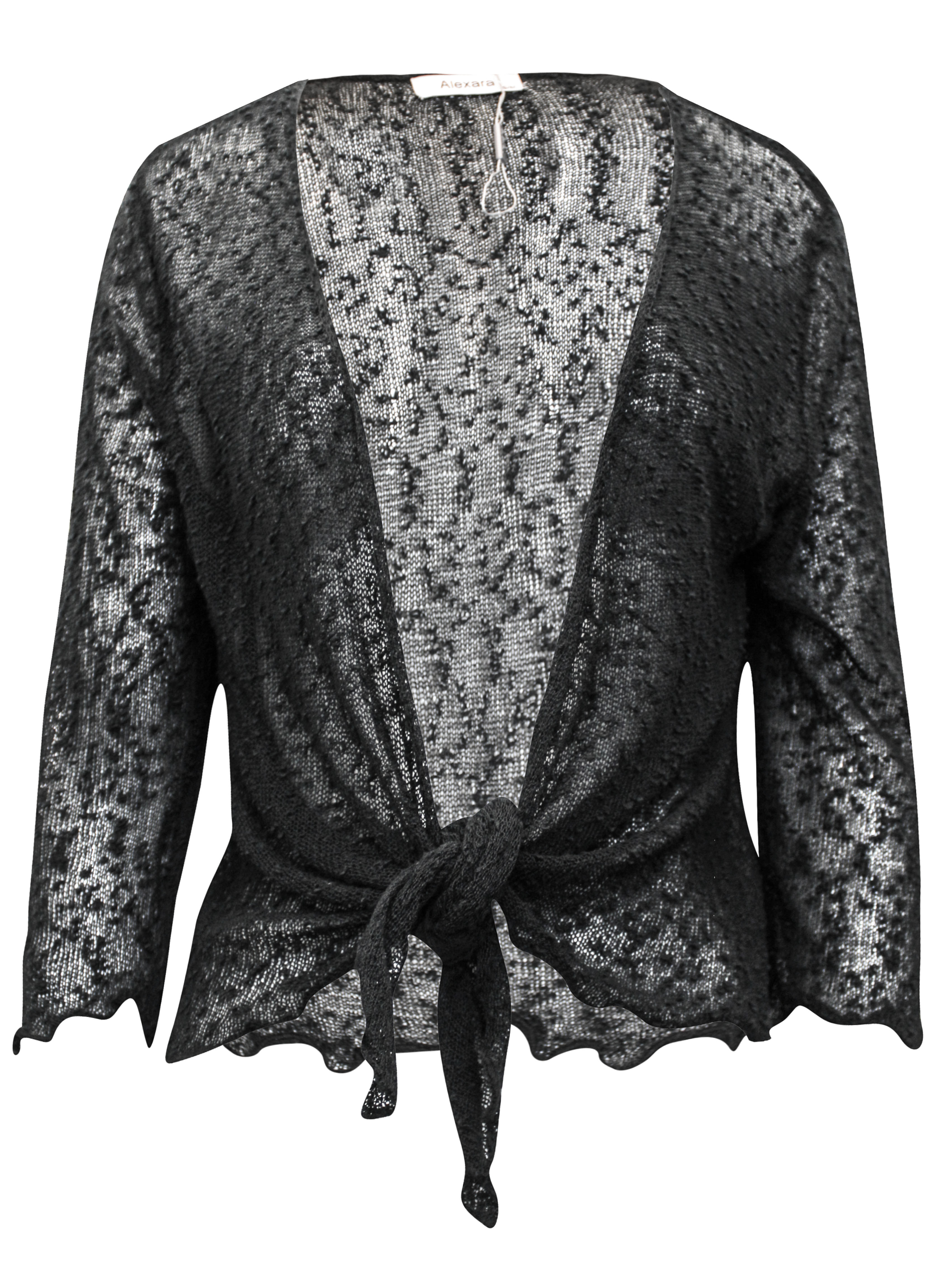 Alexara - - BLACK Scallop Trim Tie Up Shrug - Size 12/14 (S/M)