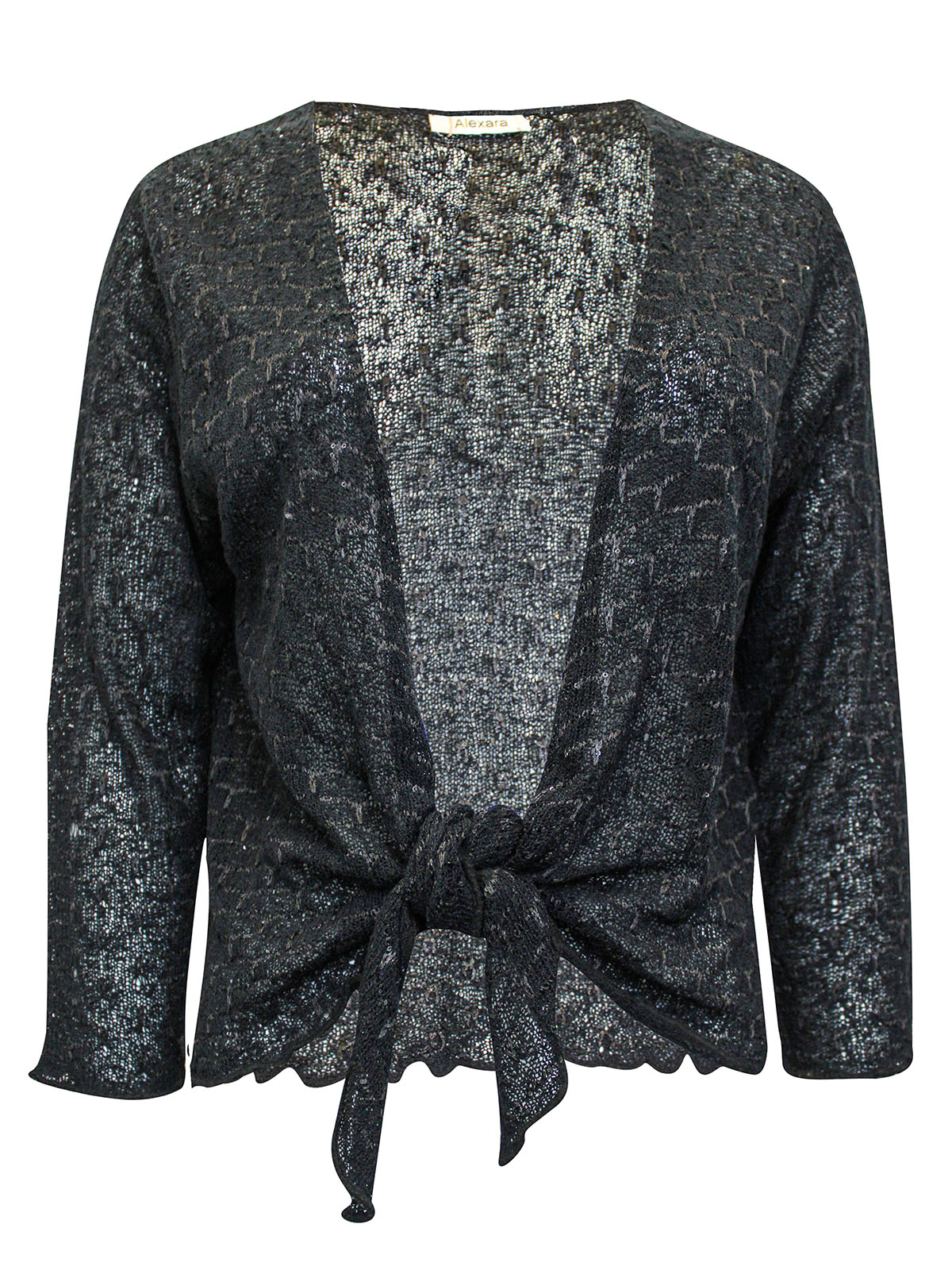 Alexara - - BLACK Sequin Embellished Scallop Trim Tie Up Shrug - Size ...