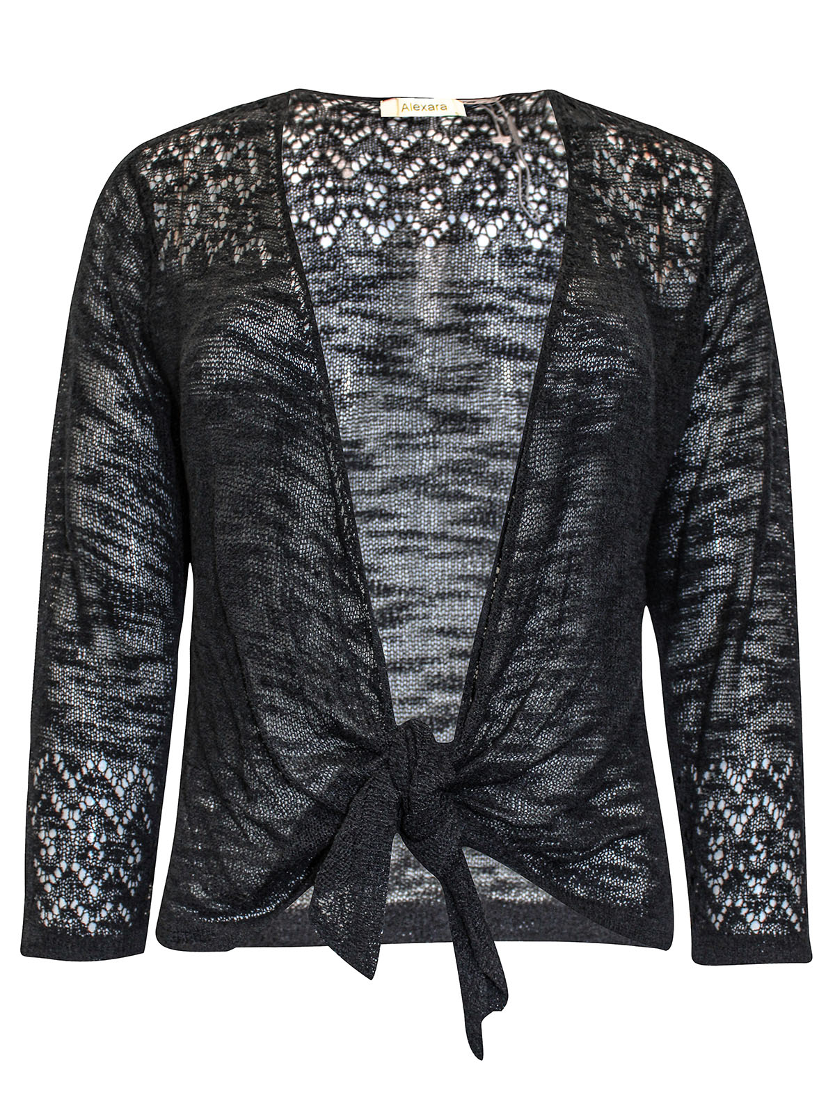 Alexara - - BLACK Fine Knit Pointelle Trim Tie Up Shrug - Size 12 to 14 ...