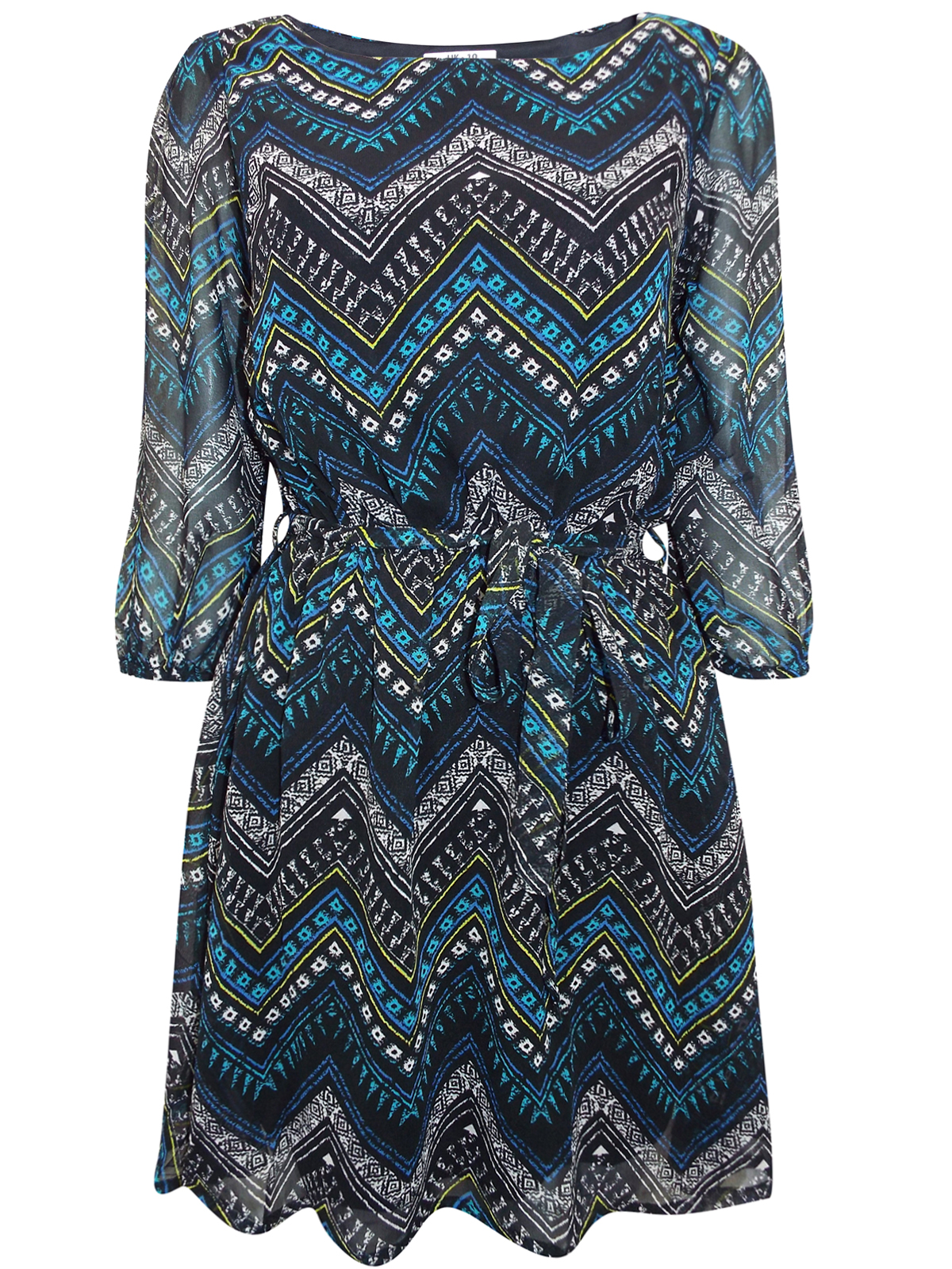 BLACK Aztec Print Chiffon Mini Dress with Belt - Size 10