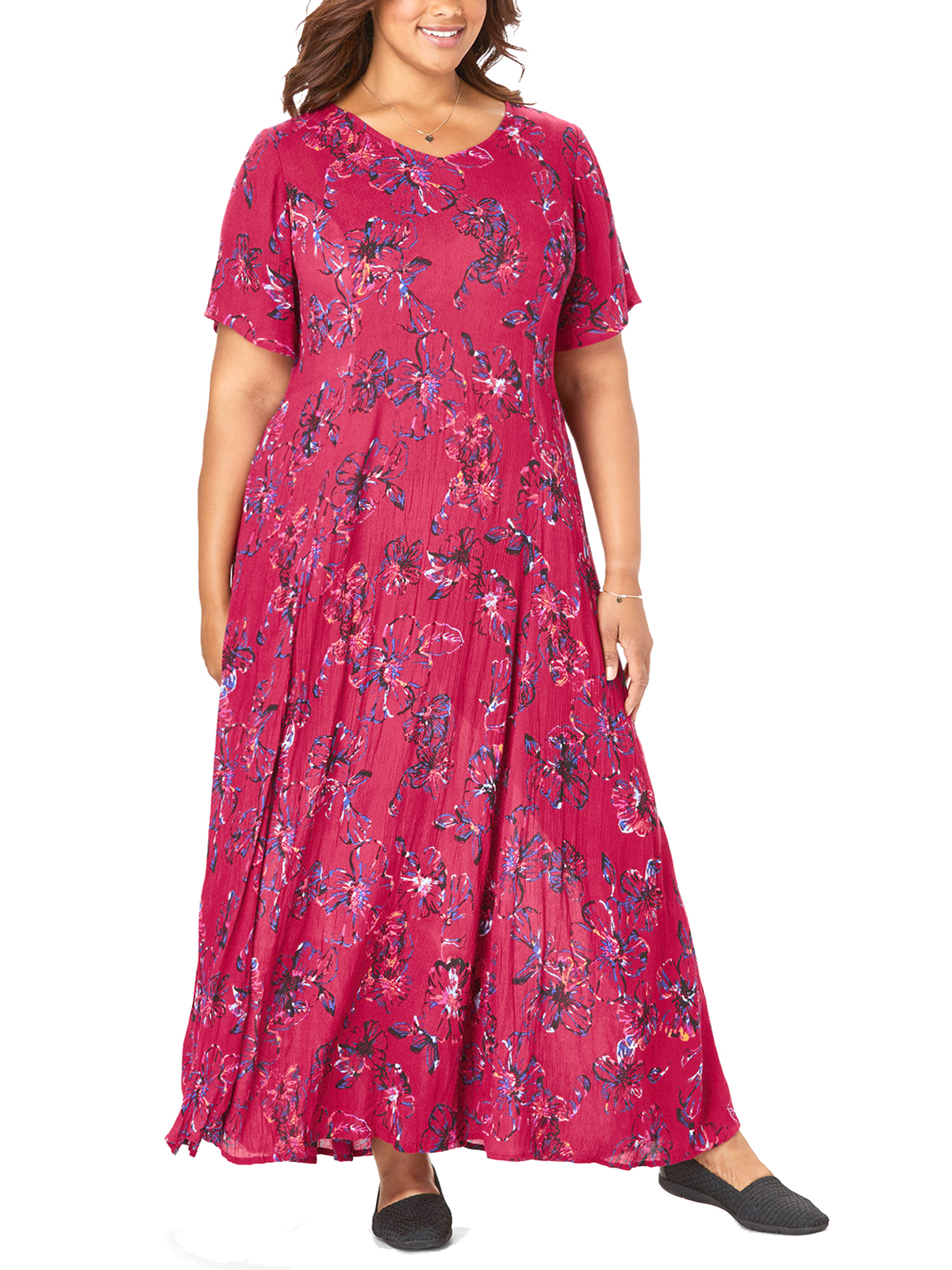 Woman Within - - Woman Within RED Floral Print Short Sleeve Crinkle ...