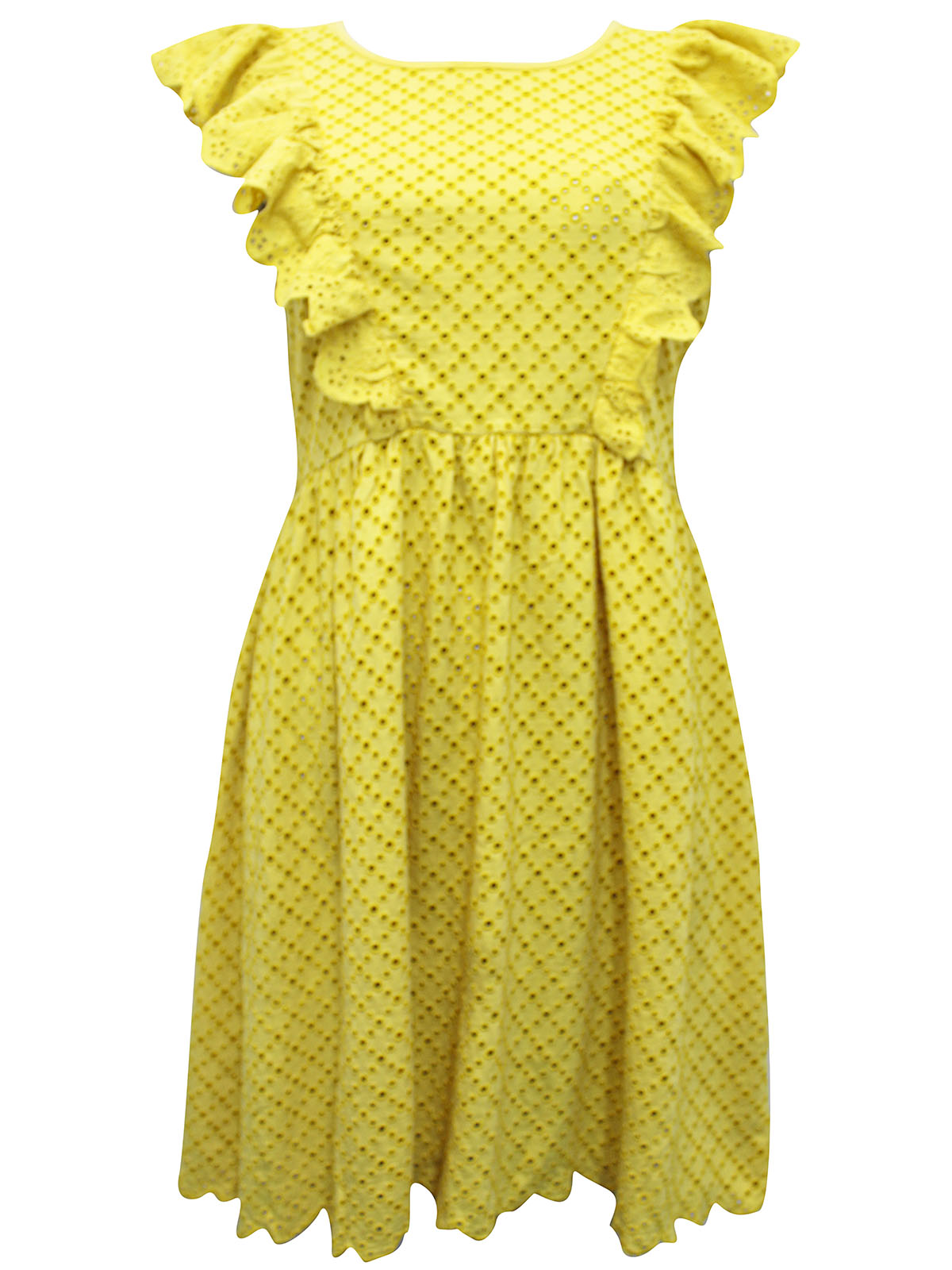 YELLOW Frill Sleeve Open Back Broderie Dress - Size 6 to 18