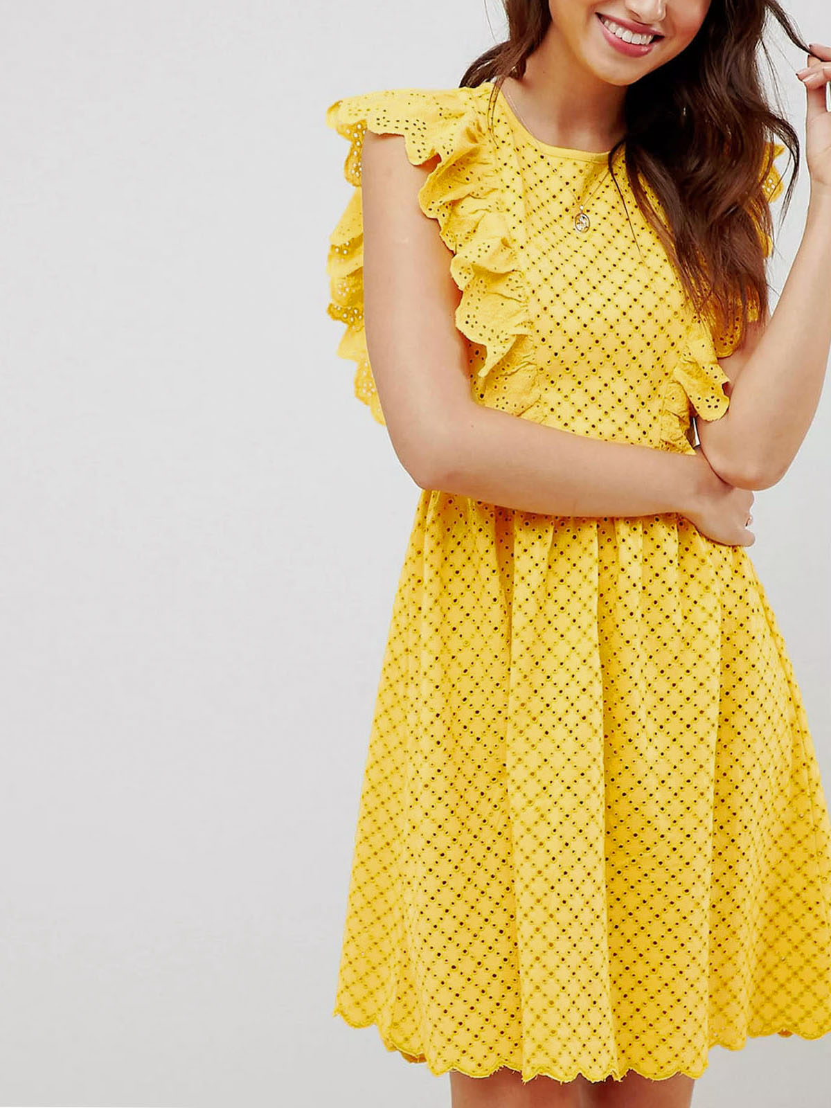 YELLOW Frill Sleeve Open Back Broderie Dress - Size 6 to 18