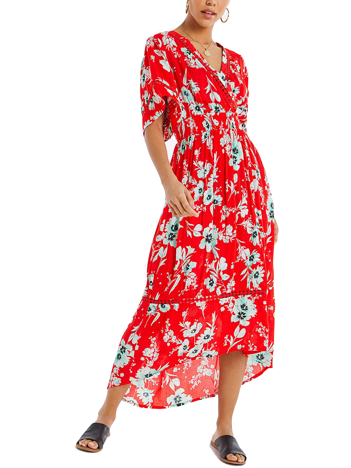 JD Williams - - RED Floral Hi-Lo Crinkle Ladder Insert Dress - Plus ...