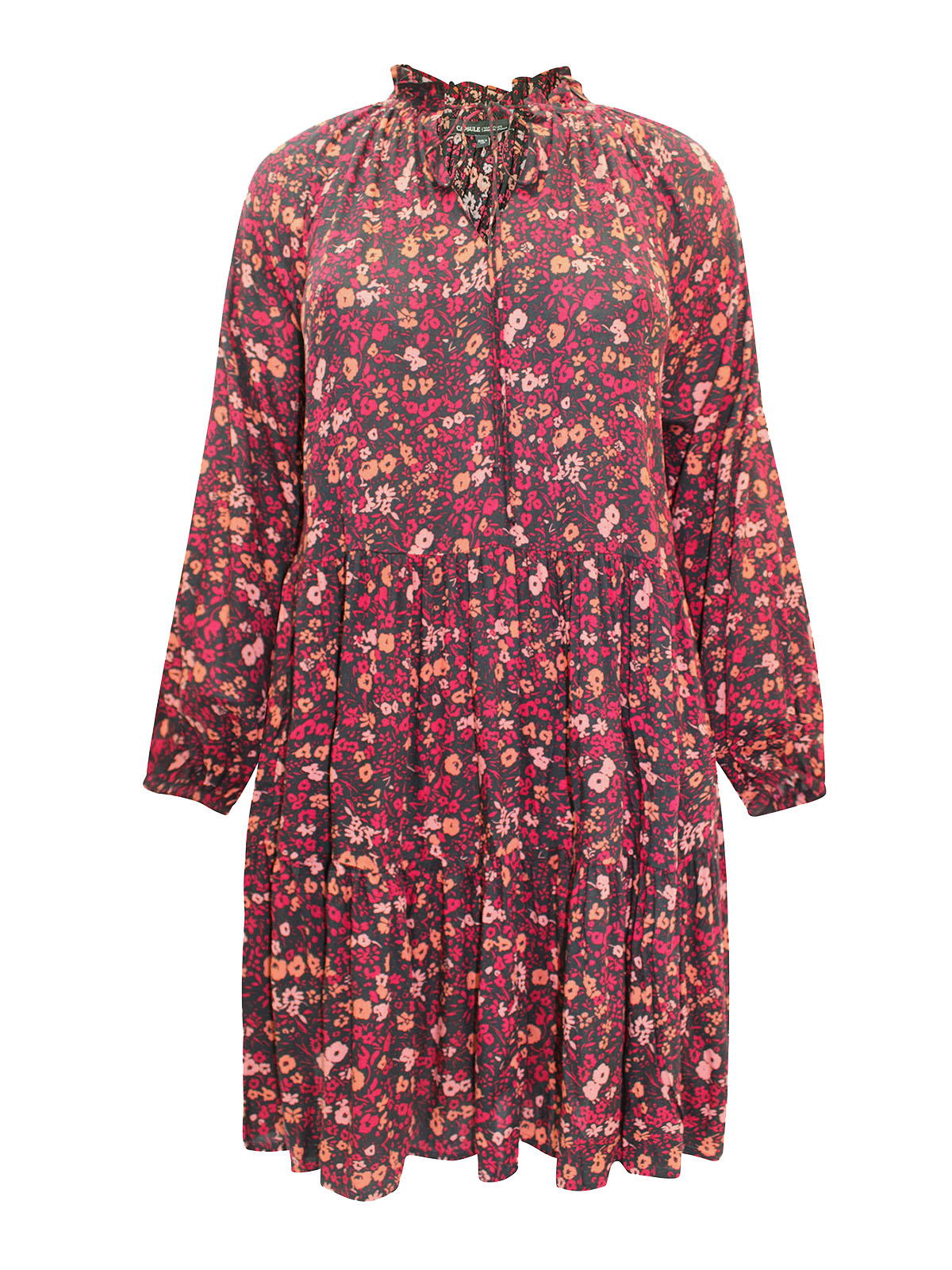 Capsule - - PINK Ditsy Floral Tie Neck Tiered Smock Dress - Plus Size ...