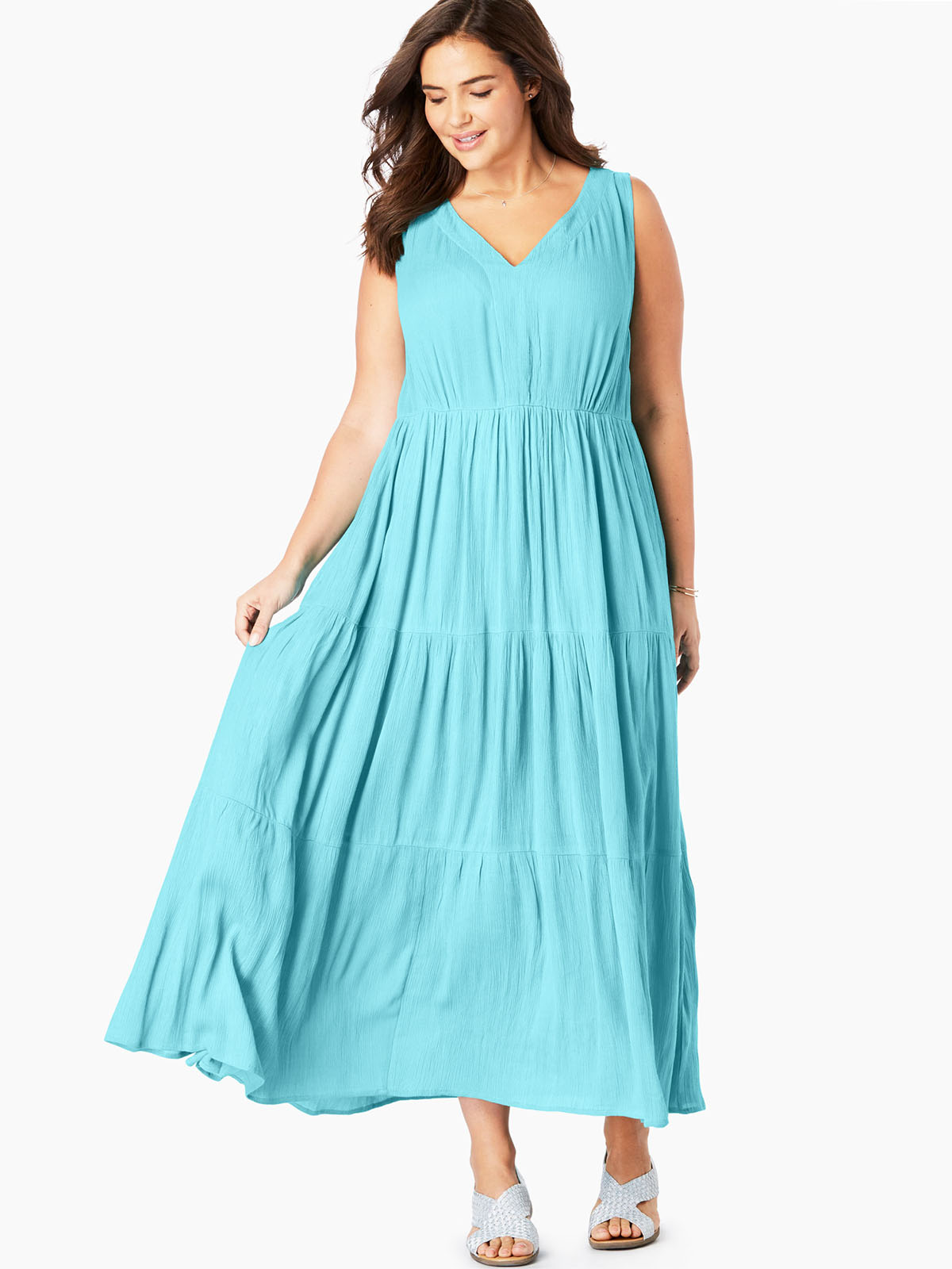 Woman Within - - TURQUOISE Sleeveless Tiered Crinkle Dress - Plus Size ...