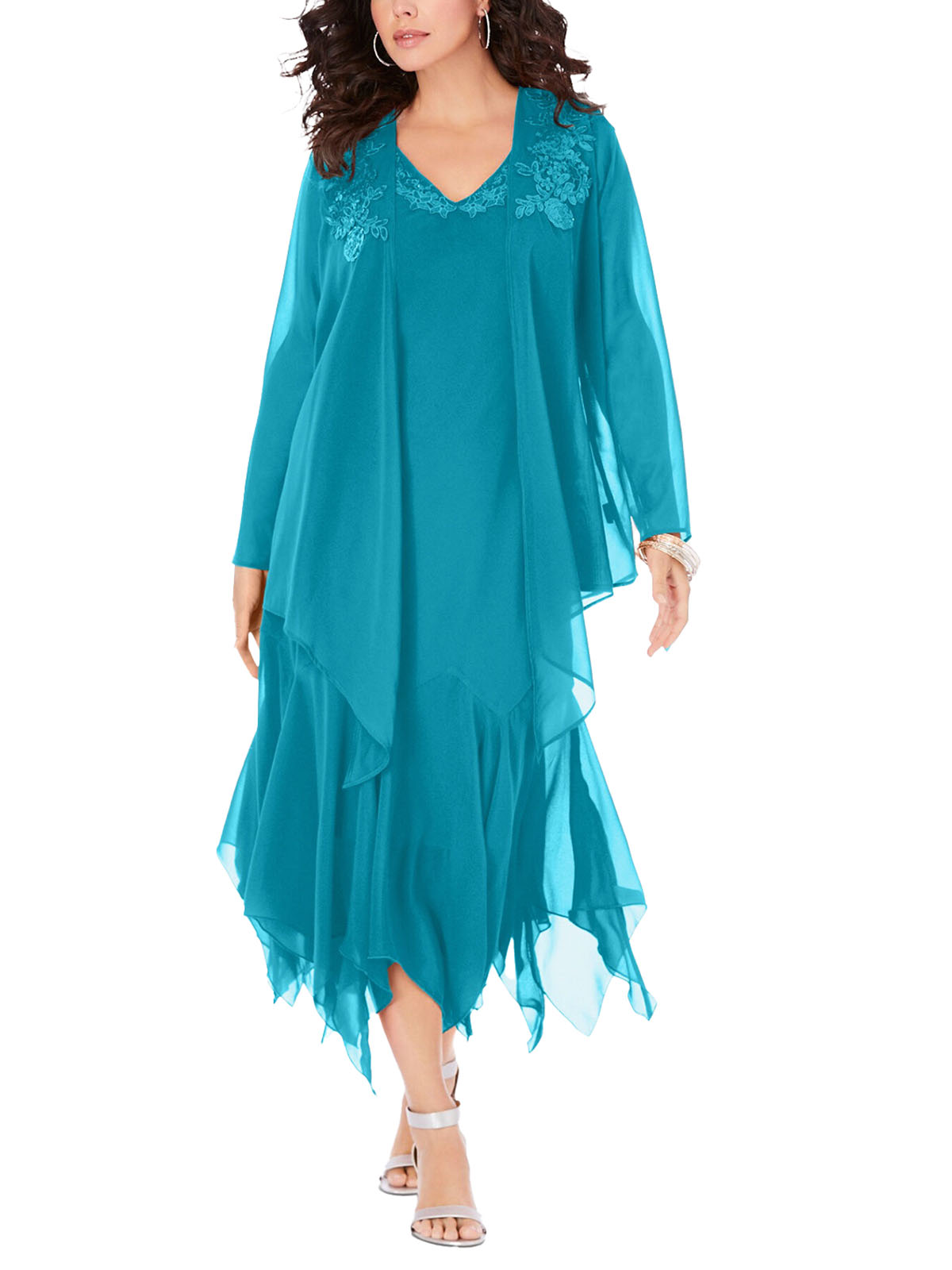 Roaman's - - BLUE Bead Embellished Hanky Hem Dress & Jacket Set - Plus ...