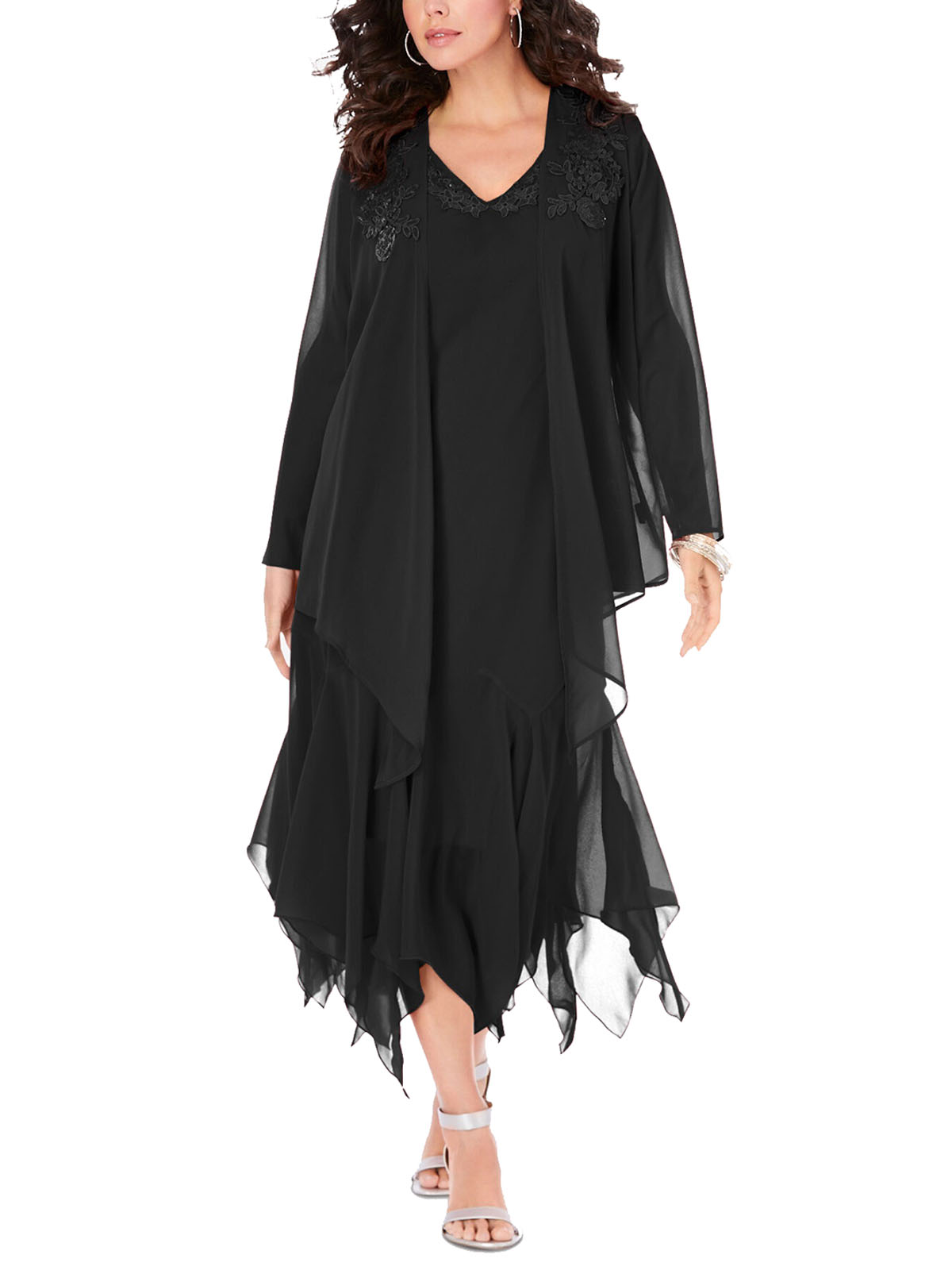 Roaman's - - BLACK Bead Embellished Hanky Hem Dress & Jacket Set - Plus ...