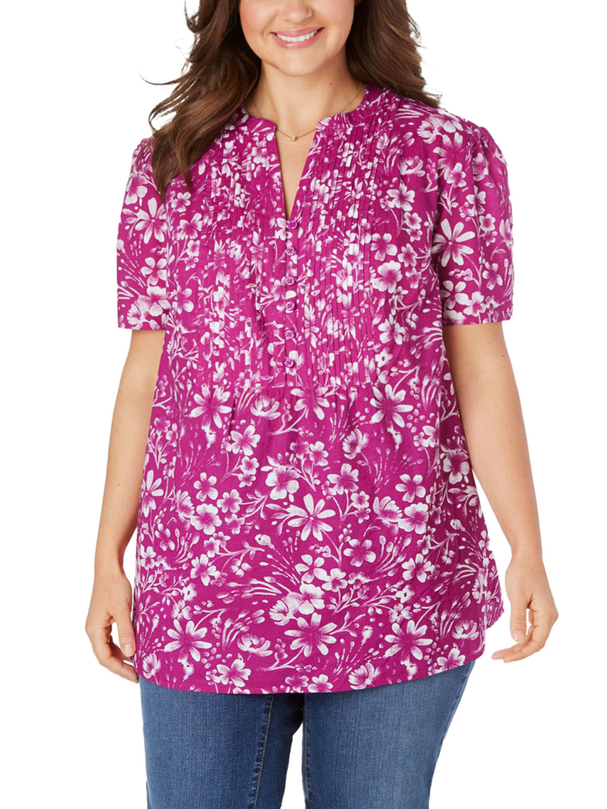 Woman Within - - PINK Floral Print Pintucked Half-Button Tunic - Plus ...