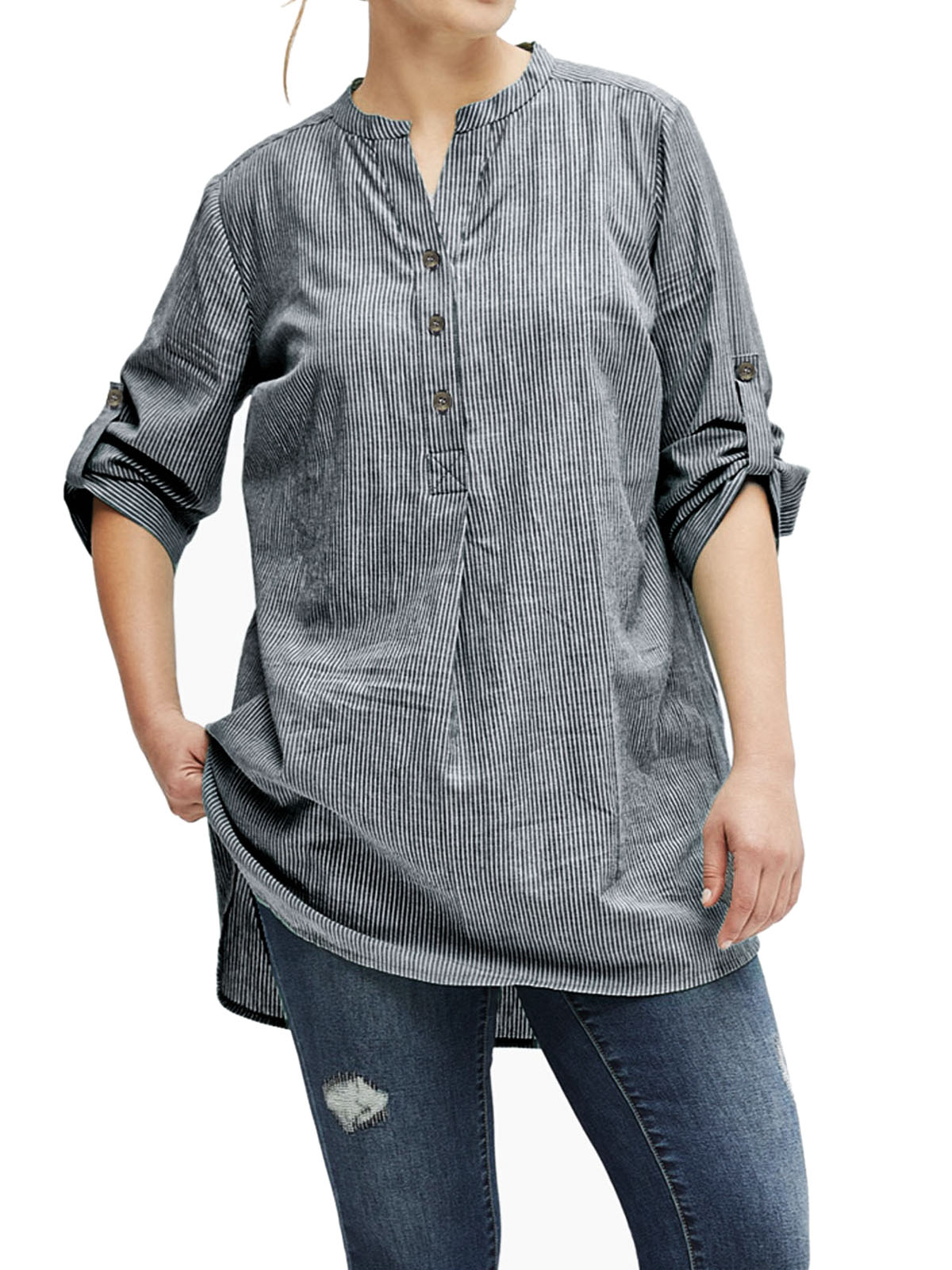 Ellos - - GREY Striped Henley Tunic - Plus Size 16/18 to 40/42 (US S to 5X)
