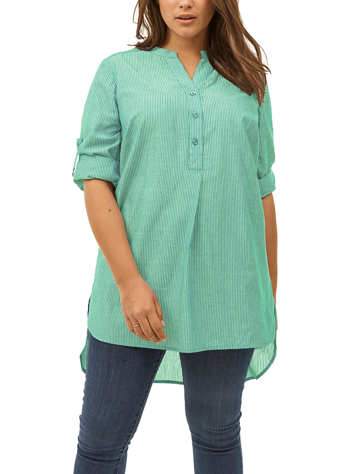 Ellos - - GREEN Striped Henley Tunic - Plus Size 16/18 to 20/22 (US M to L)