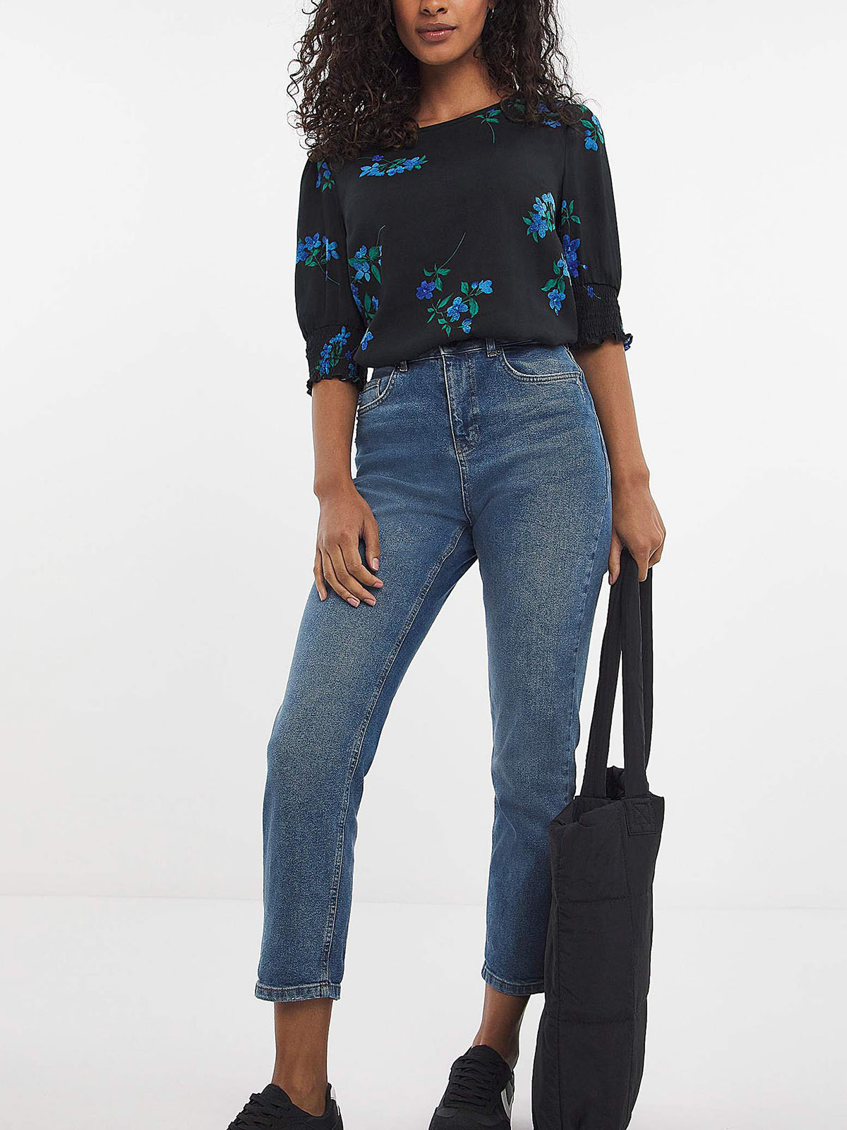 JD Williams - - BLUE Floral Shirred Cuff Puff Sleeve Top - Plus Size 24 ...