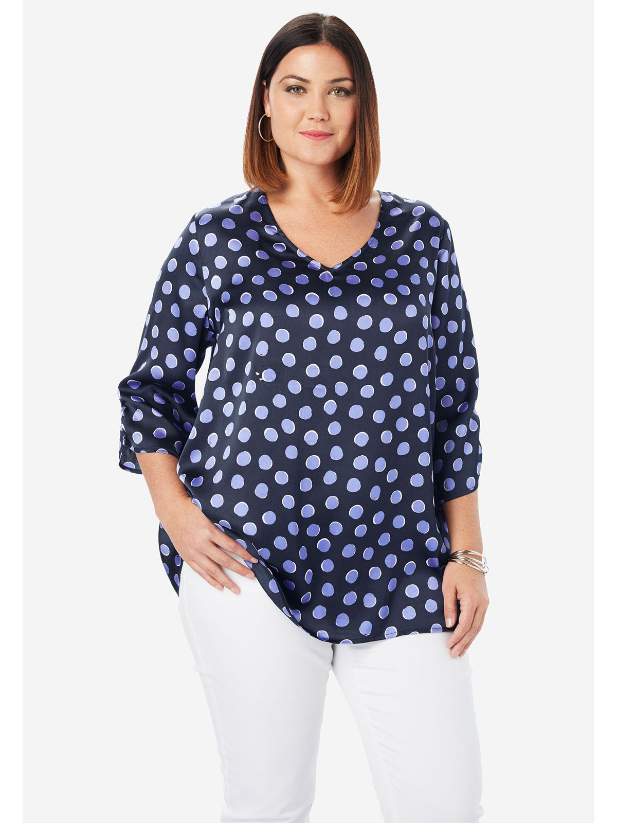 Jessica London - - Jessica London NAVY Print Satin V-Neck Blouse - Plus ...