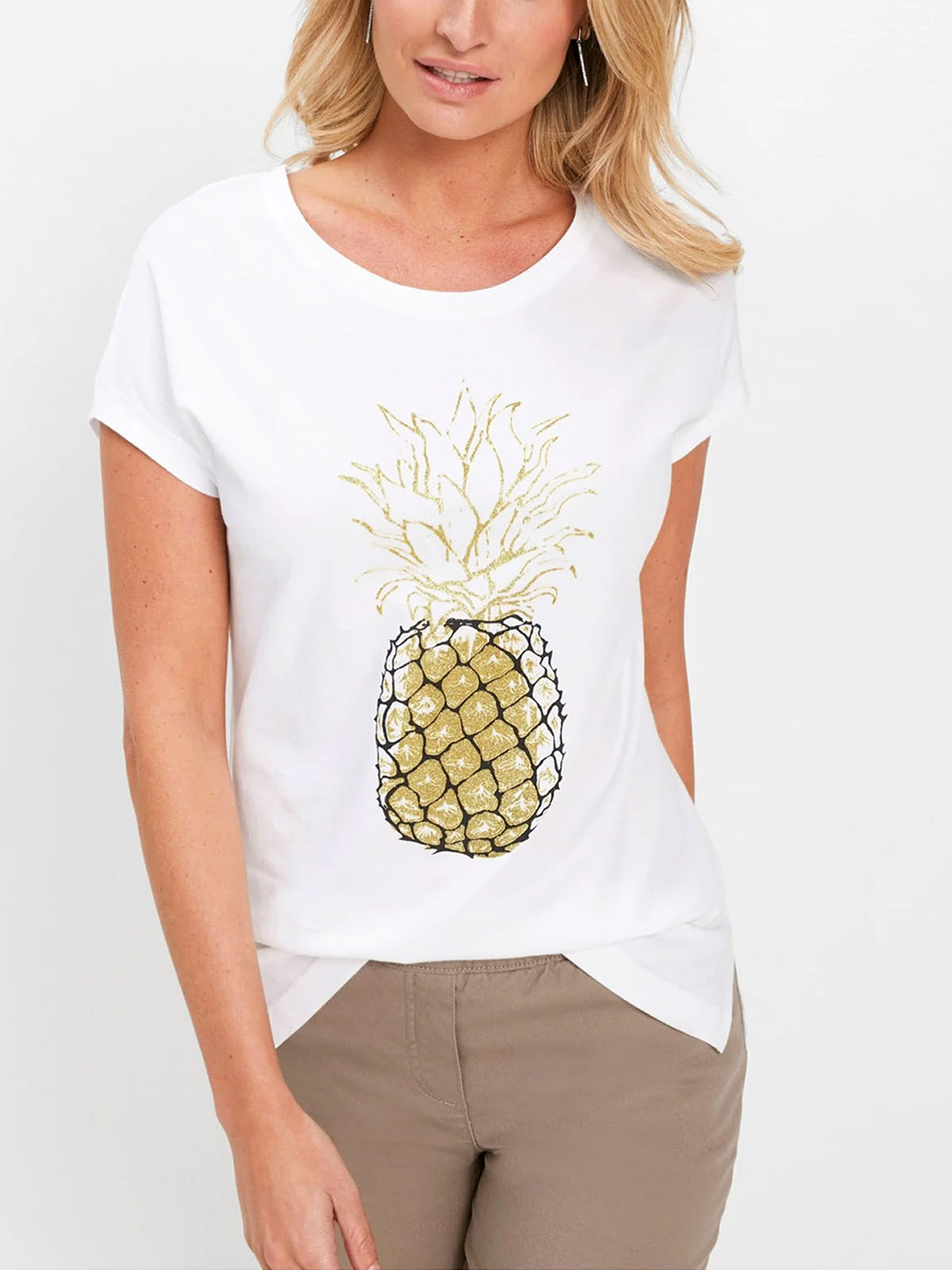 BPC - - BPC WHITE Pure Cotton Glitter Pineapple Short Sleeve Top - Size ...