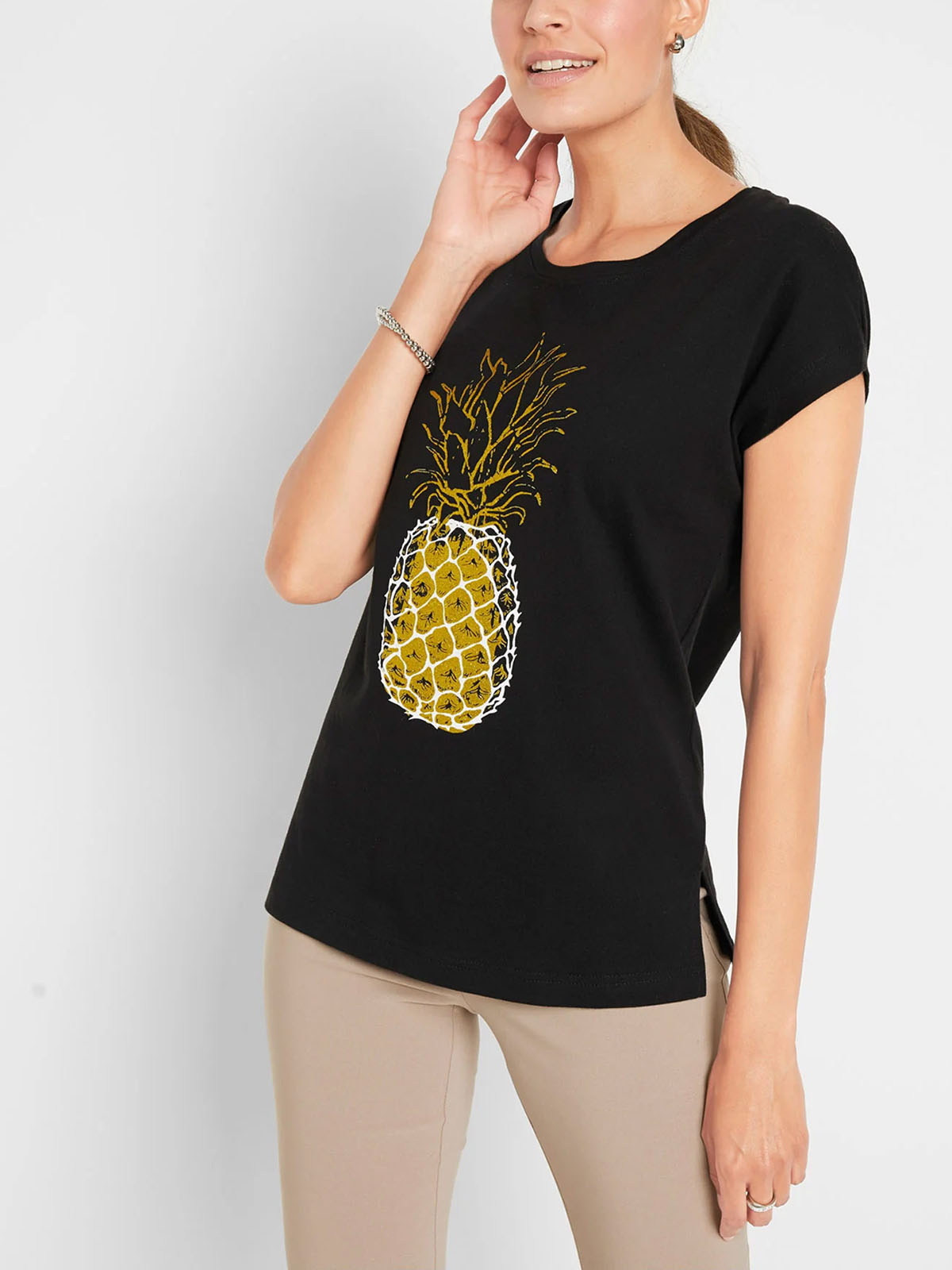 BPC - - BPC BLACK Pure Cotton Glitter Pineapple Short Sleeve Top - Size ...