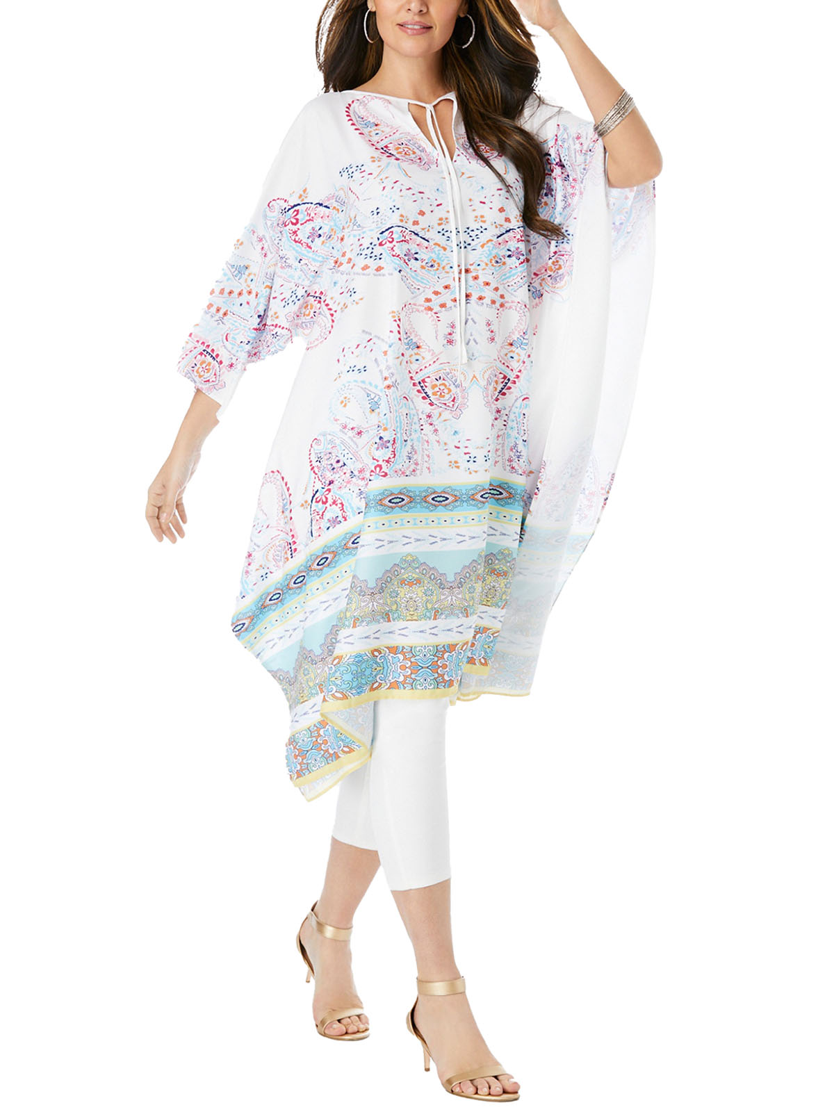 Roaman's - - WHITE Tie Neck Handkerchief Hem Kaftan - Plus Size 32 to ...