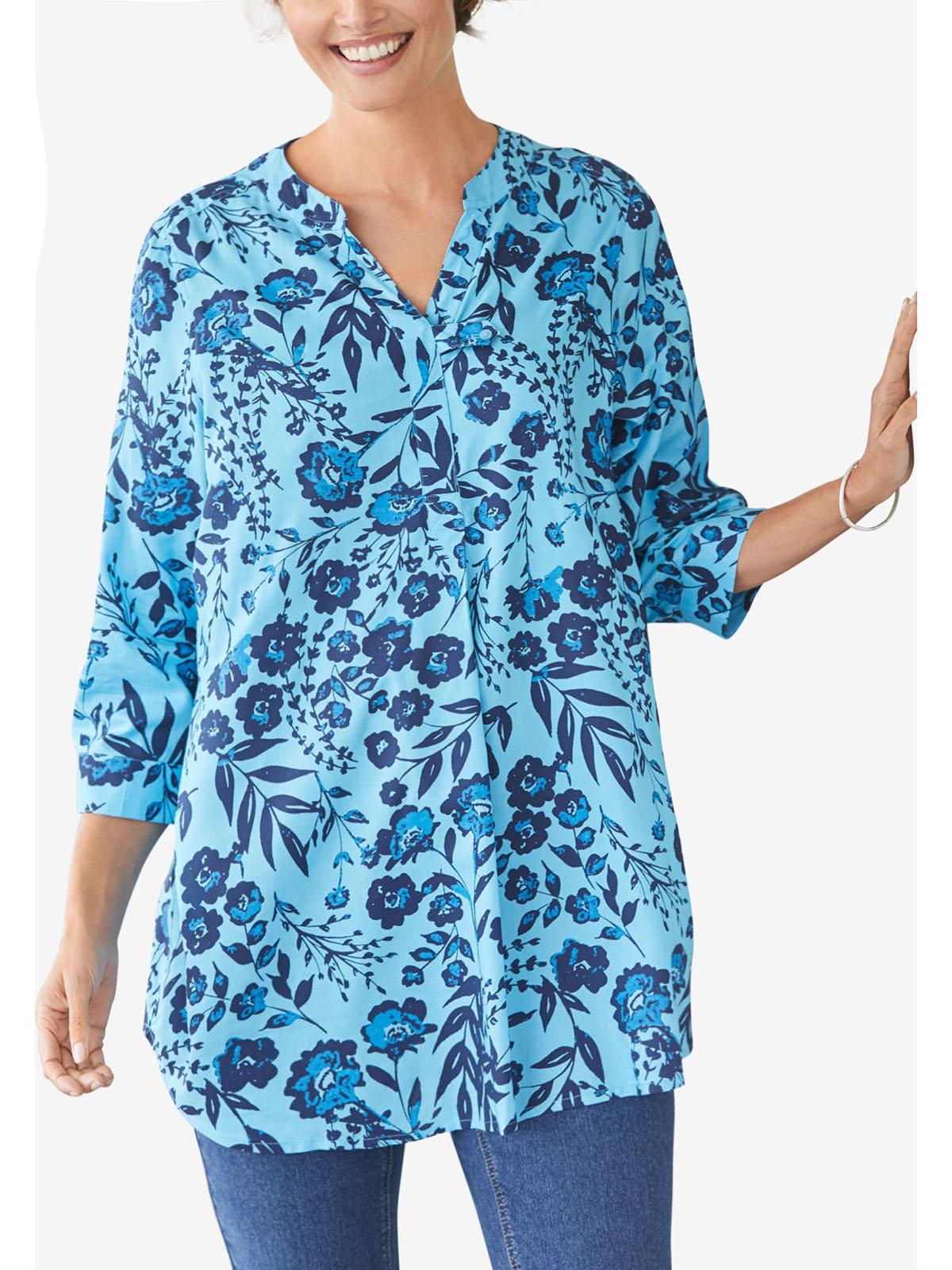 Woman Within - - BLUE 3/4 Sleeve Tab-Front Tunic - Plus Size 16/18 (US M)