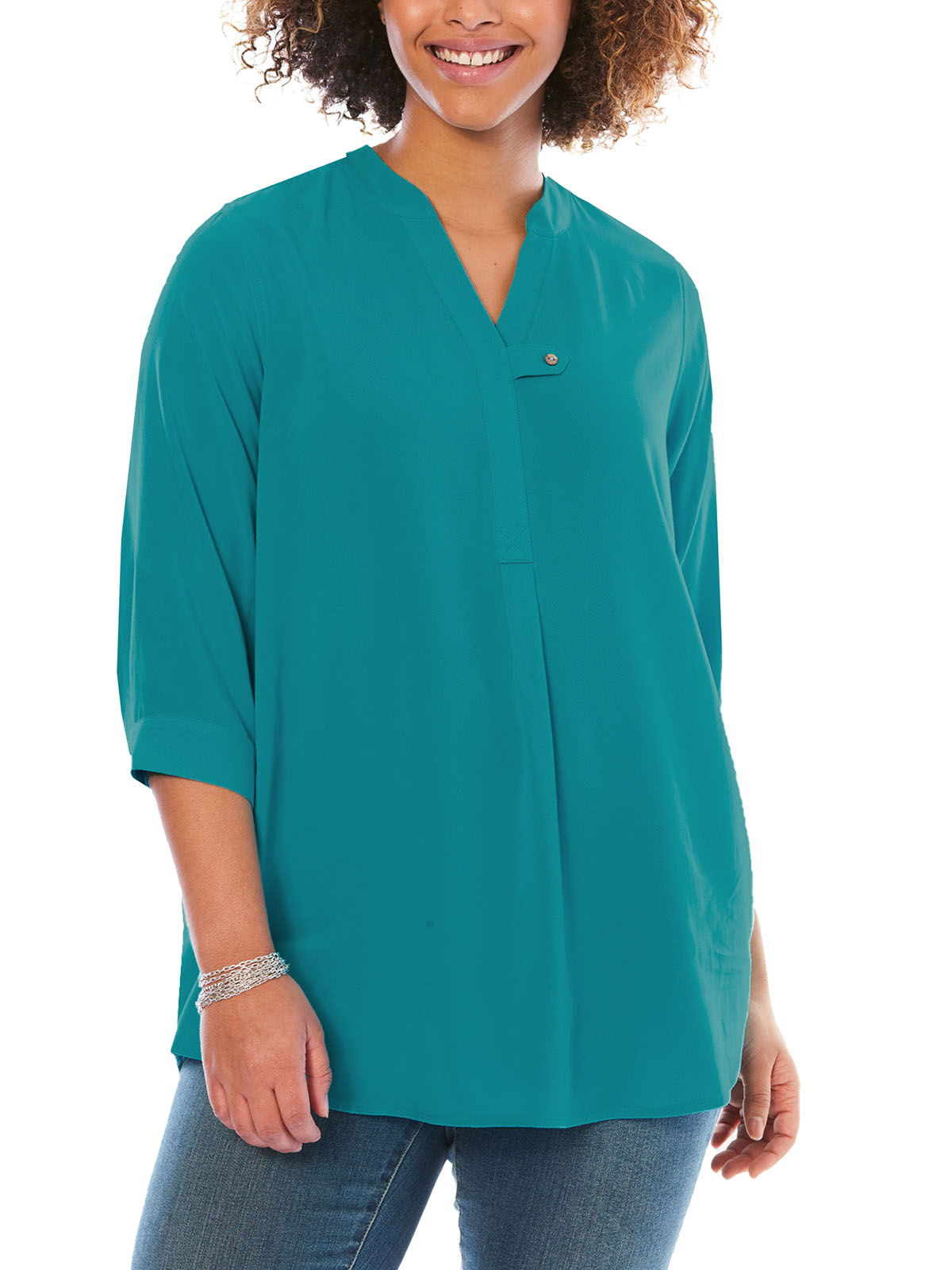 Woman Within - - TURQUOISE 3/4 Sleeve Tab-Front Tunic - Plus Size 44/46 ...