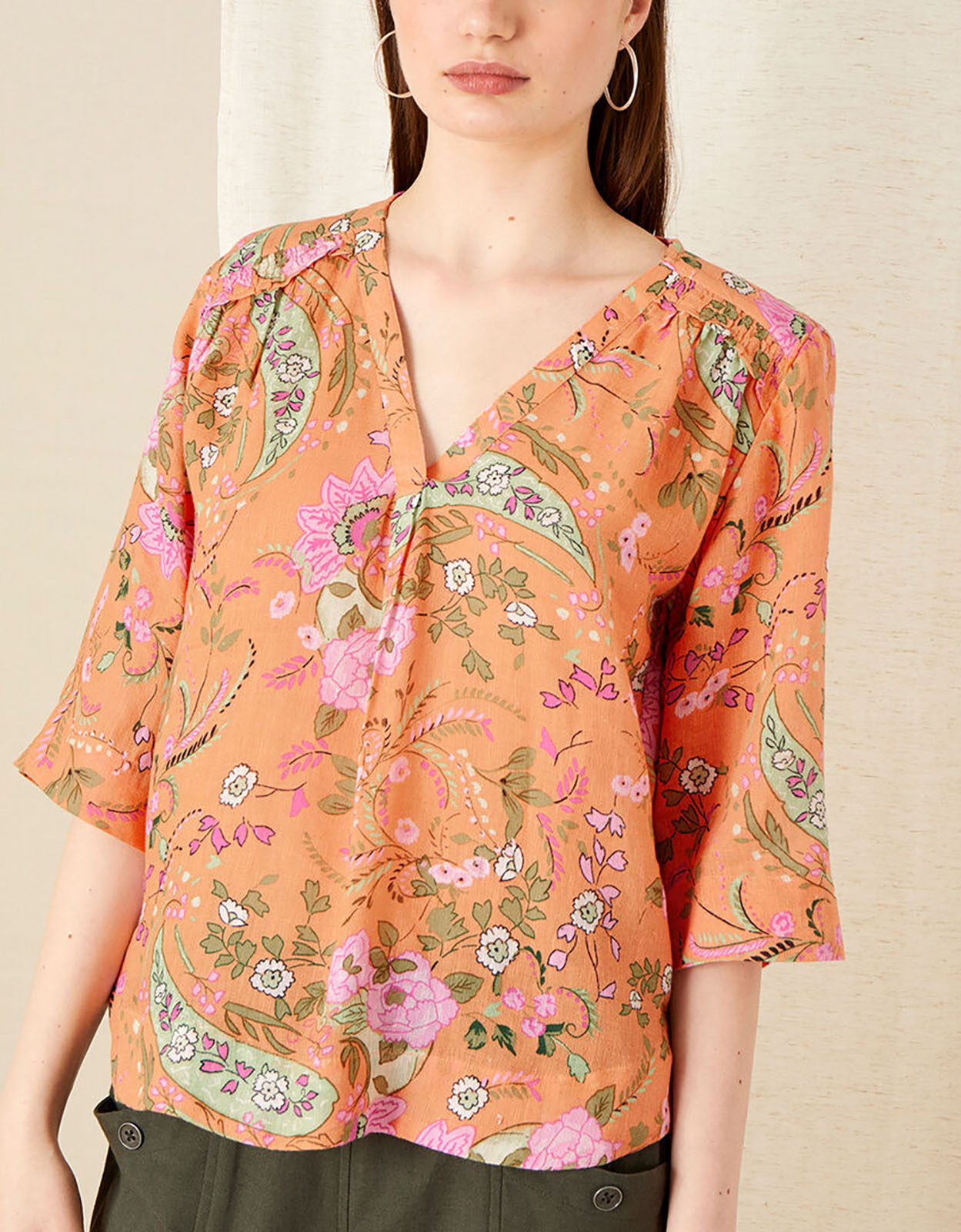 MSN CORAL Linen Blend Paisley Print Top - Size 8/10 to 24 (S to XXL)