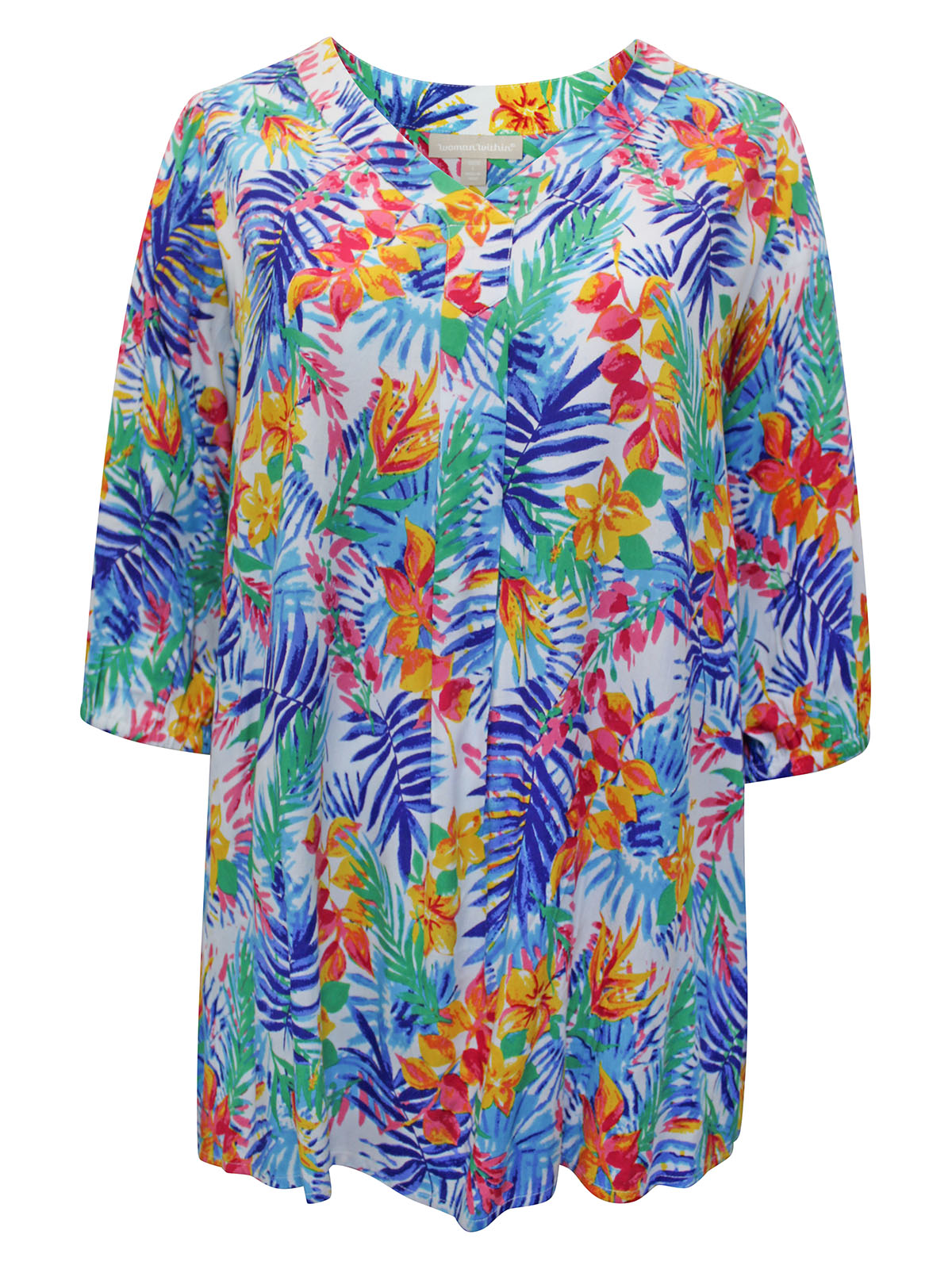 Woman Within - - BLUE Tropical Print V-Neck Blouson Sleeve Tunic - Plus ...