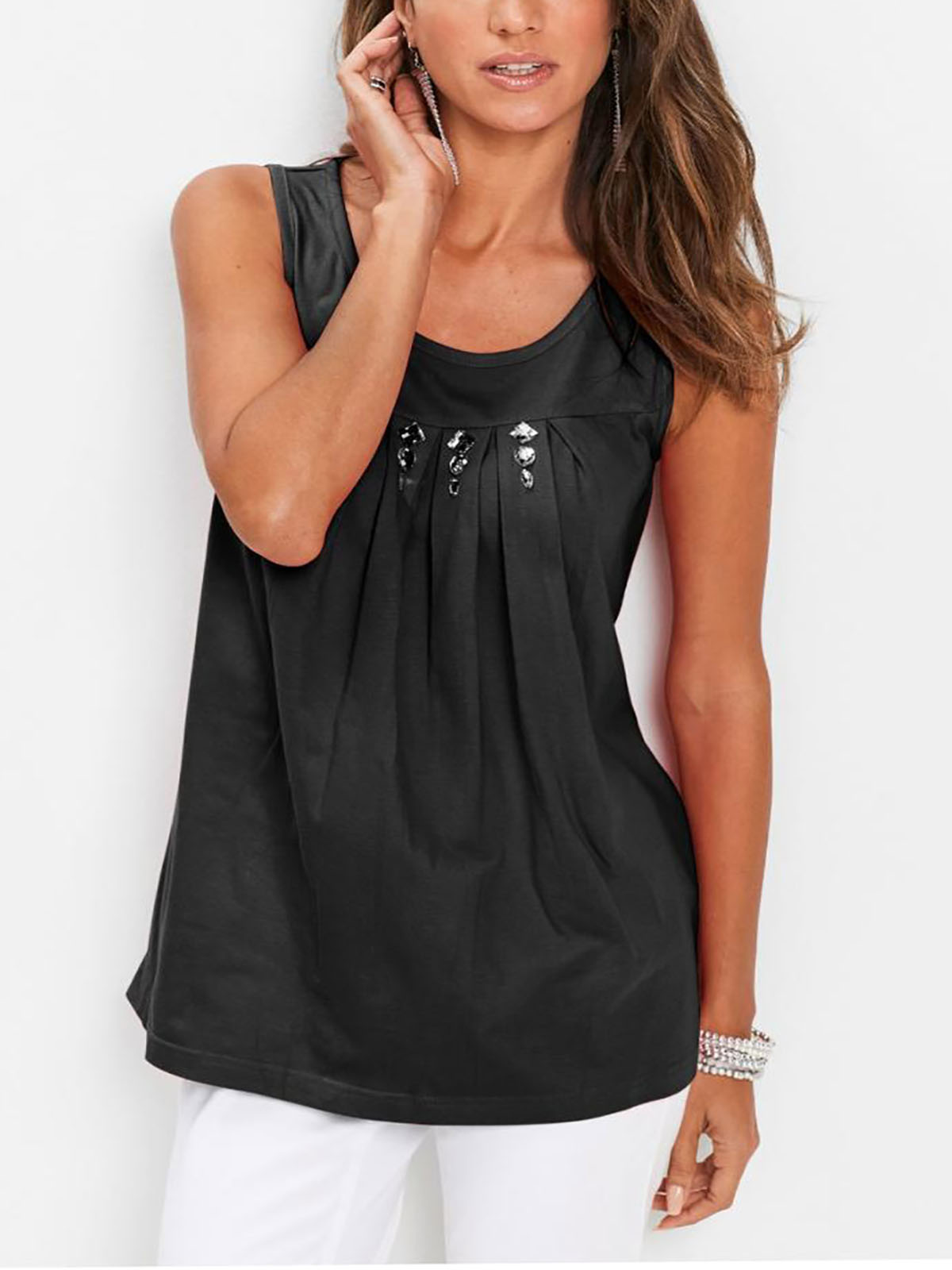 BPC - - BLACK Pure Cotton Sleeveless Jewel Embellished Pleat Detail Top ...