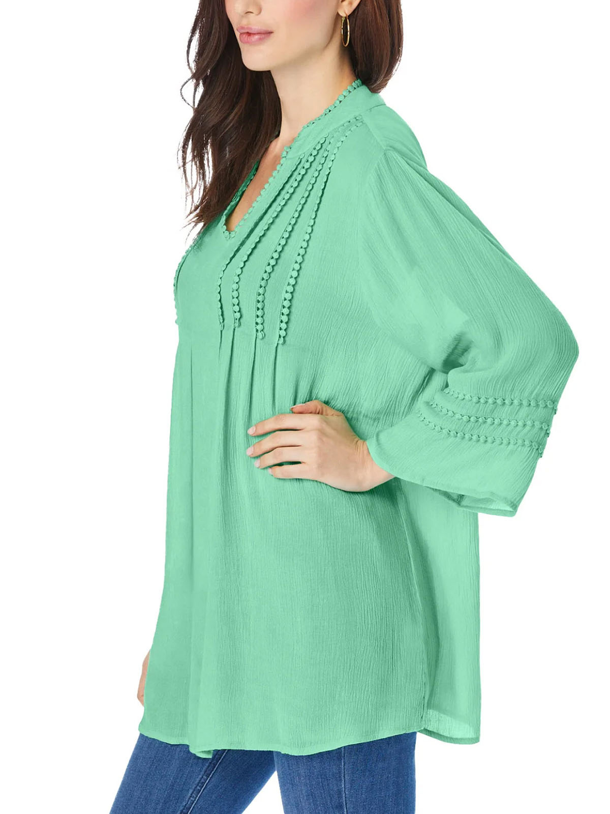 Roaman's - - SOFT-JADE Pom Pom Detail Notch Neck Crinkle Tunic - Plus ...
