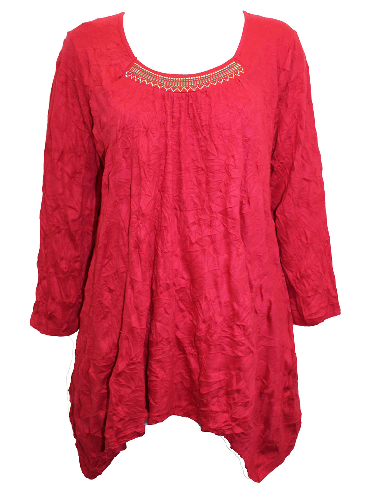 BPC - - DEEP-RED Cotton Blend Embellished Hanky Hem Crinkle Top - Plus ...