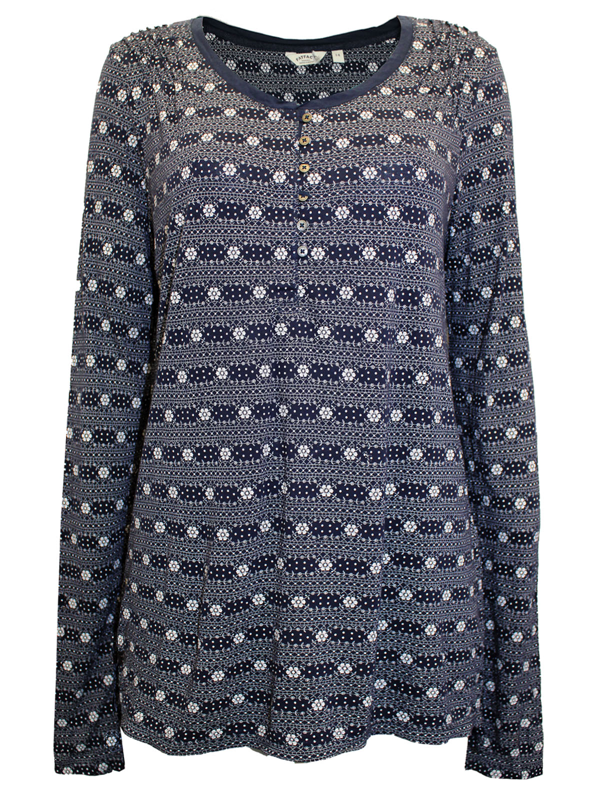 FAT FACE - - NAVY Henley Neck Cloud Flower Tunic Top - Size 14