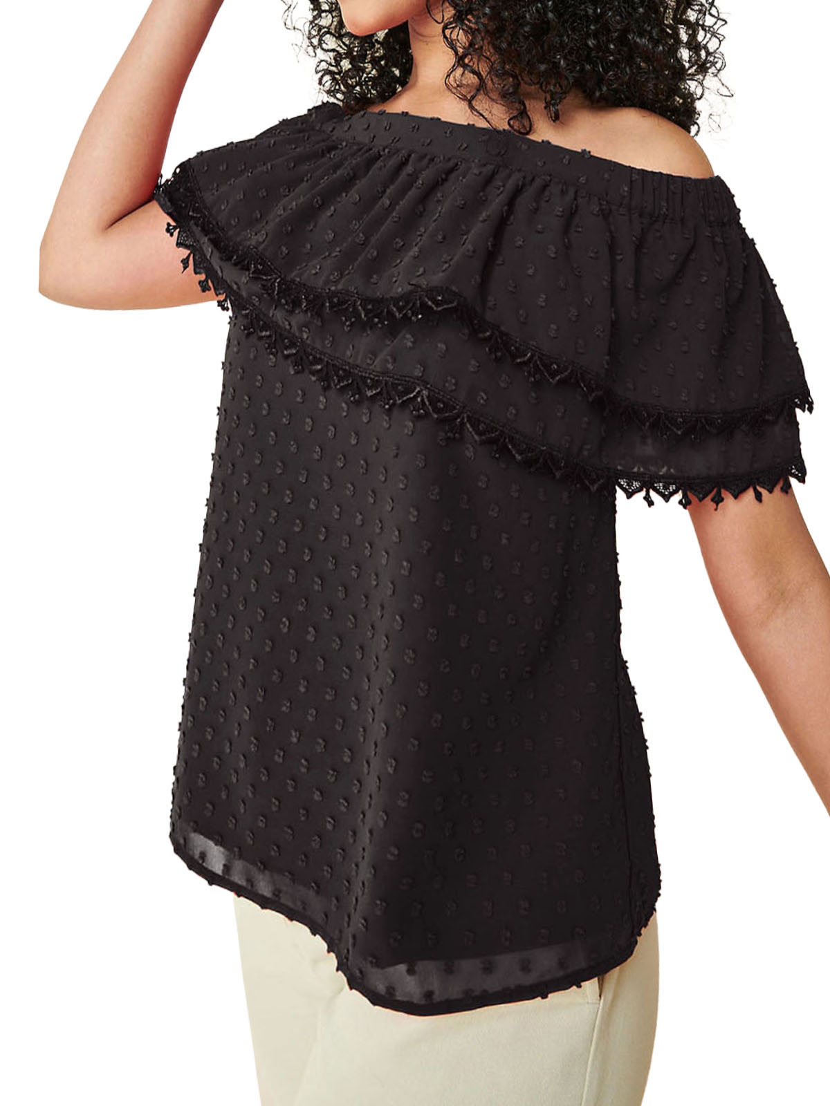 BLACK Swiss Dot Layered Ruffle Bardot Top - Size 8 to 24