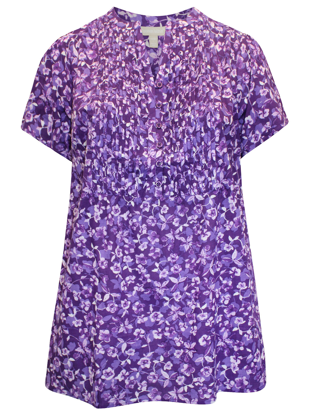 Woman Within - - PURPLE Floral Print Pintucked Half Button Tunic - Plus ...