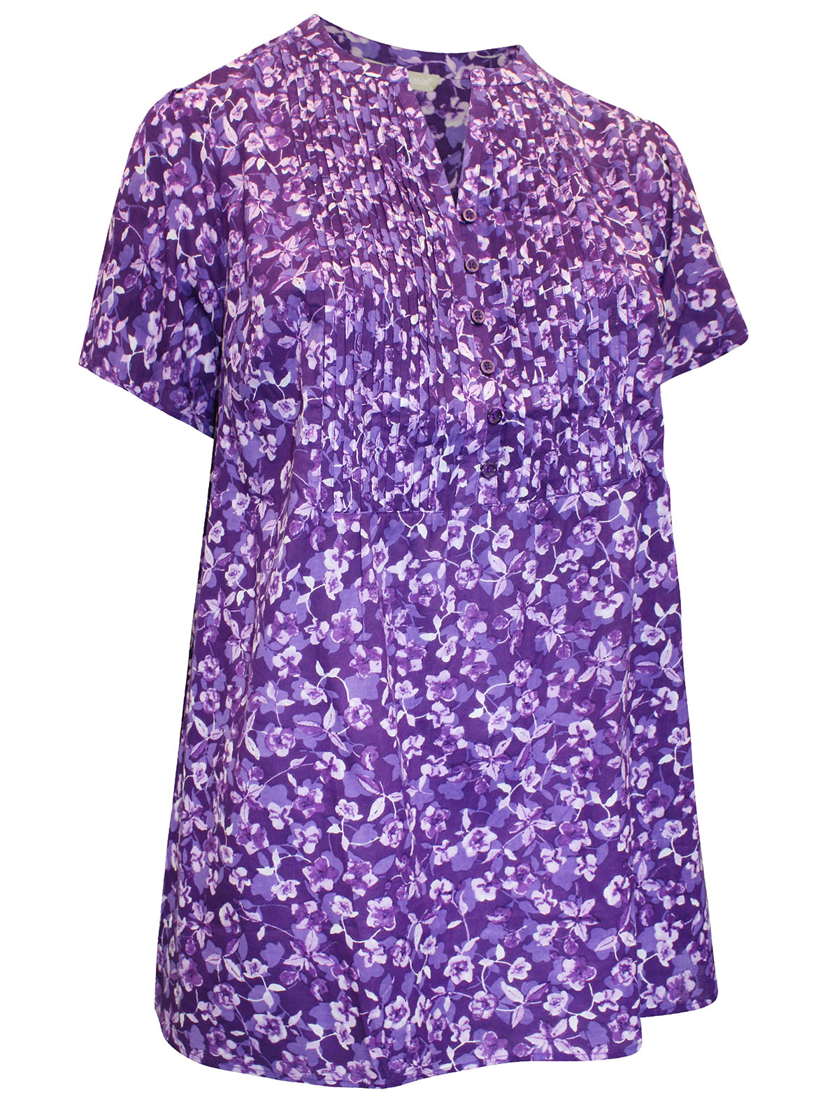 Woman Within - - PURPLE Floral Print Pintucked Half Button Tunic - Plus ...