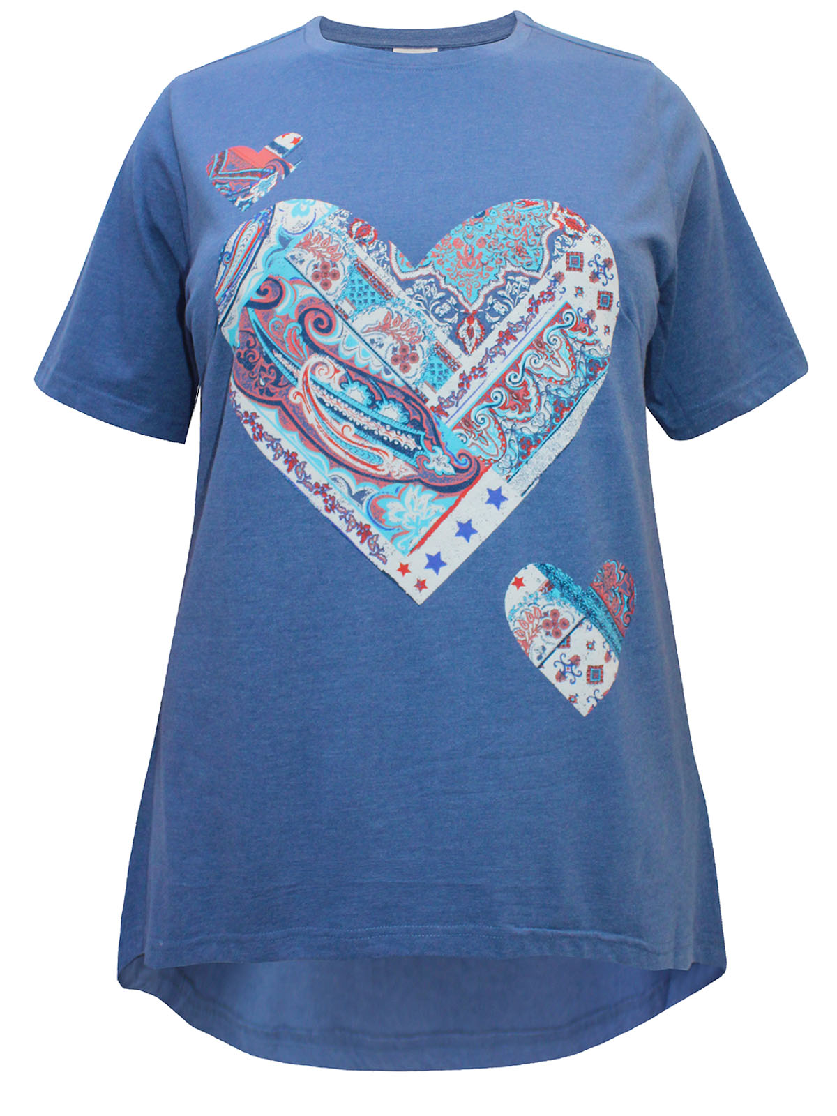 MID-BLUE Cotton Rich Paisley Heart Print Top - Plus Size 14 to 30/32