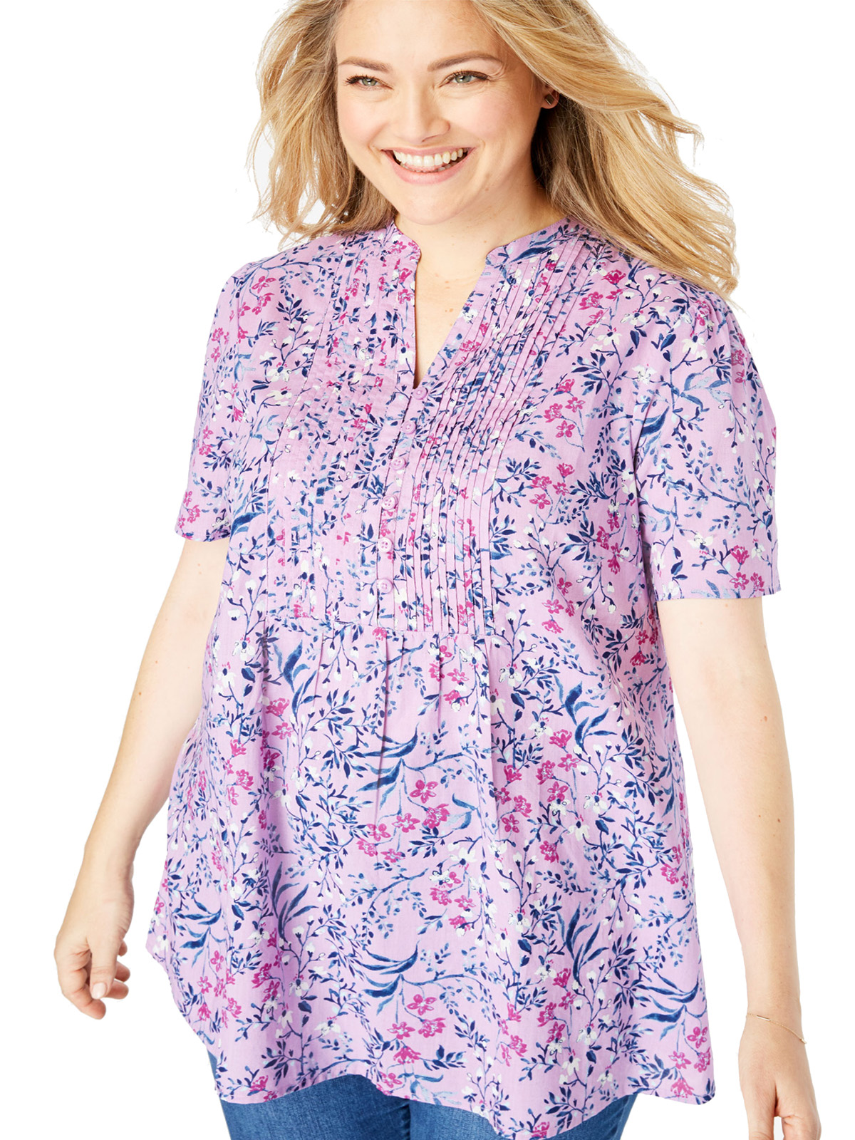 Woman Within - - PURPLE Pintucked Half-Button Tunic - Plus Size 16/18 ...