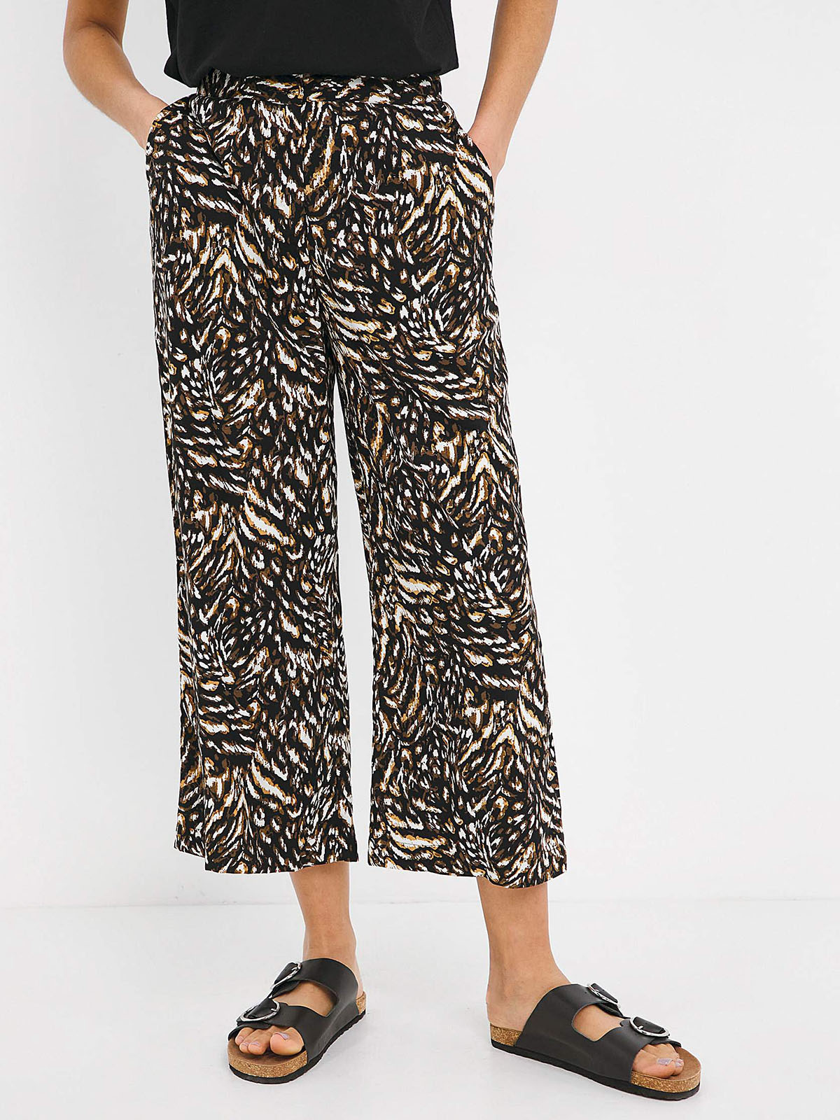 Capsule - - BLACK Animal Print Spun Wide Leg Culottes - Plus Size 18 to 20