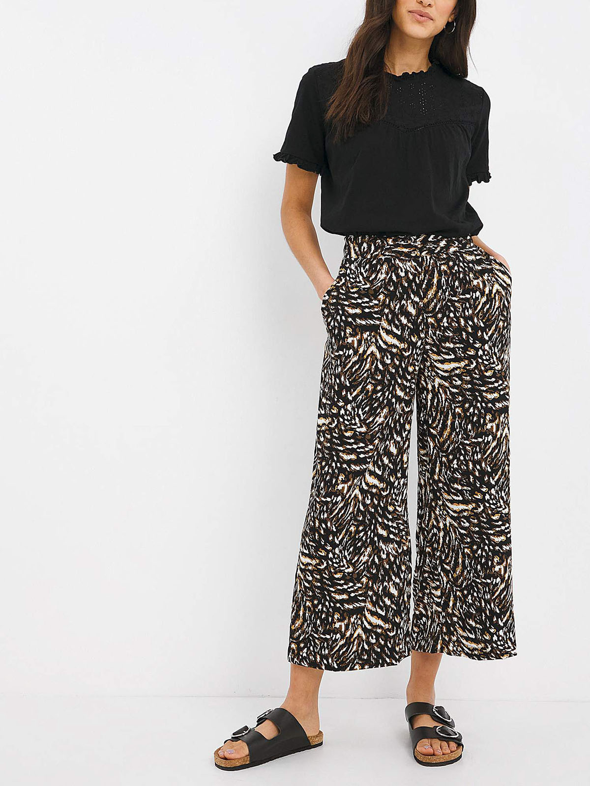 Capsule - - BLACK Animal Print Spun Wide Leg Culottes - Plus Size 18 to 20